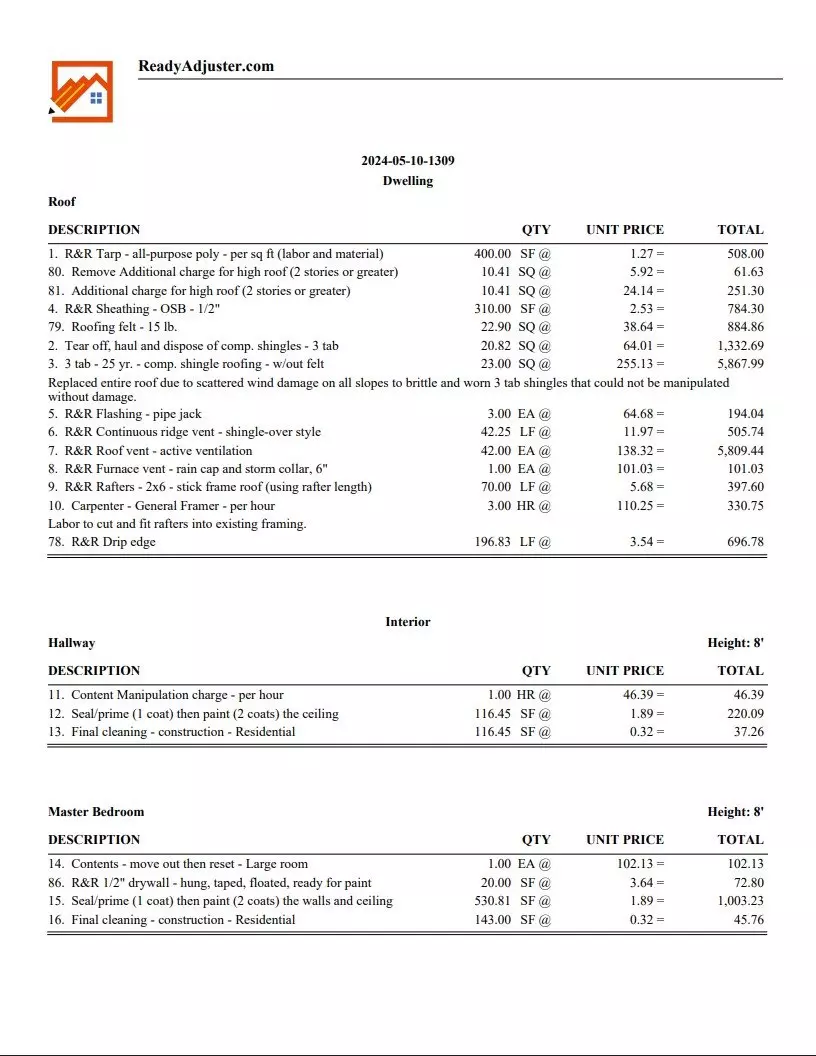 Estimate Writer Service, Xactimate Insurance Supplements